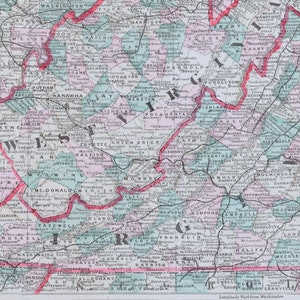 Antique Railway and County Map of Virginia and West Virginia 1800s Map ...