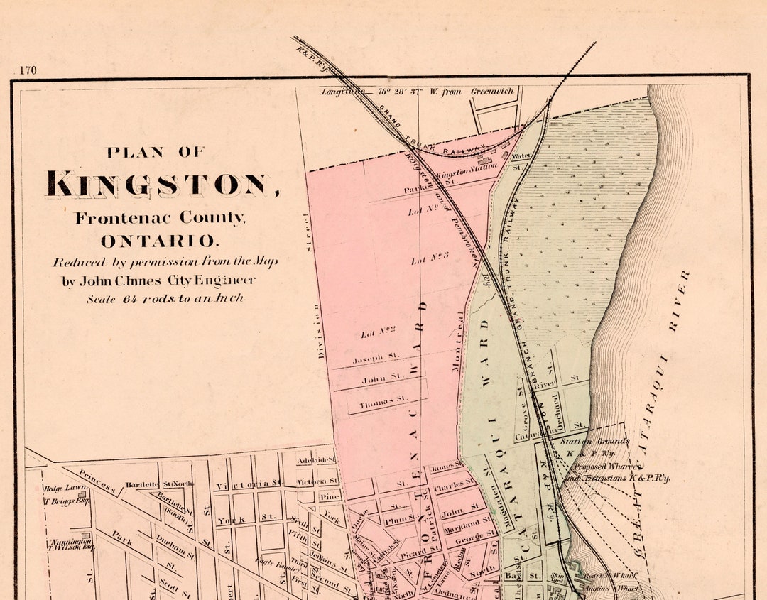 1875 Rare Antique Map of Kingston, Ontario, Canada - Vintage Hand ...