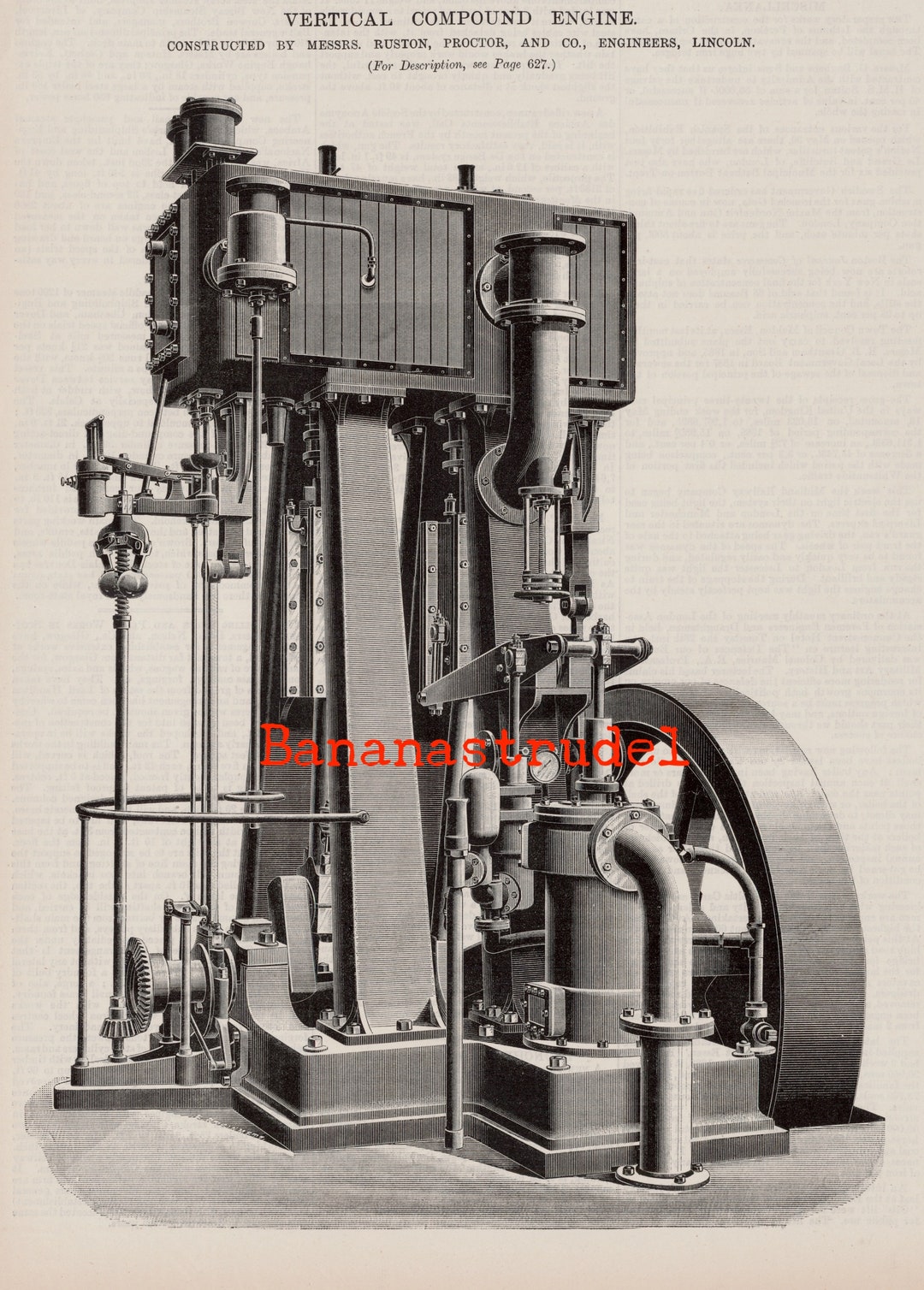 Antique Print of a Vertical Compound Engine - Vintage Victorian Print ...