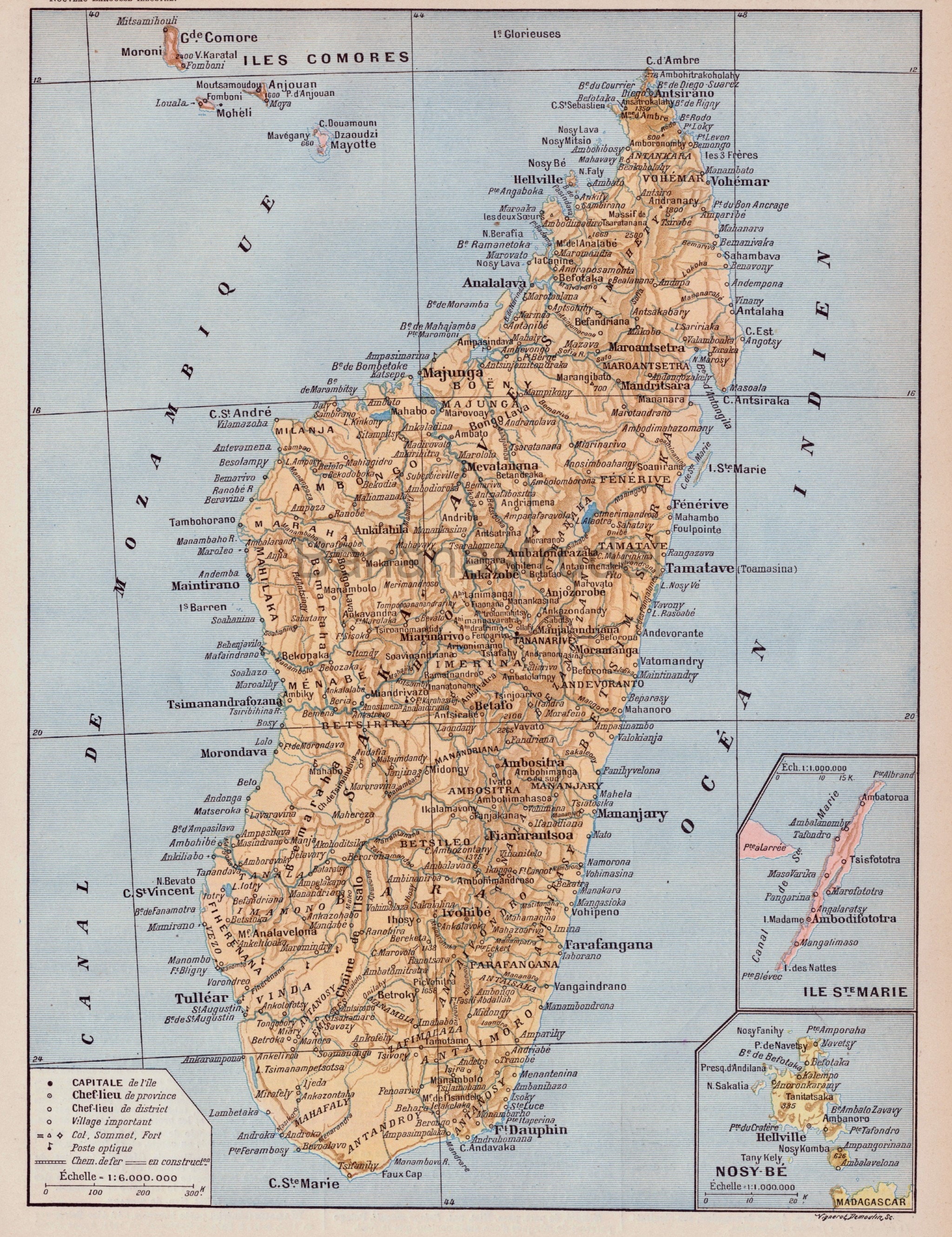 Antique Map of Madagascar, Africa - Iles Comores - Nosy Be Ile Ste ...