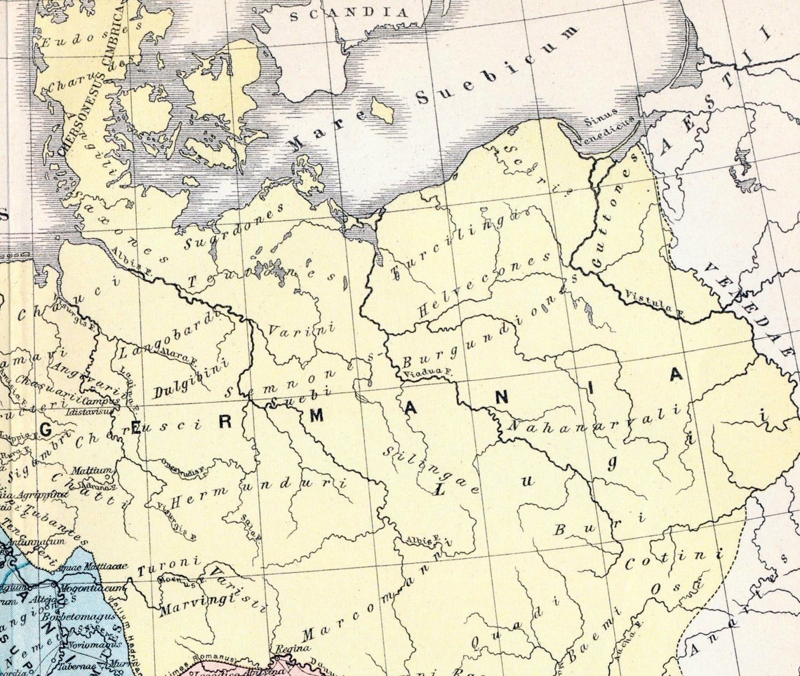 1895 Antique Map of Germania and the Northern Provinces of the Roman ...