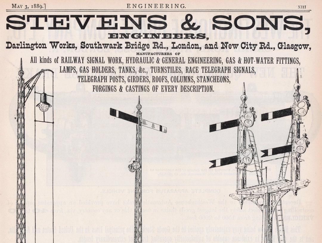Rare Antique Advertisement for Stevens and Sons, Engineers 1889 ...