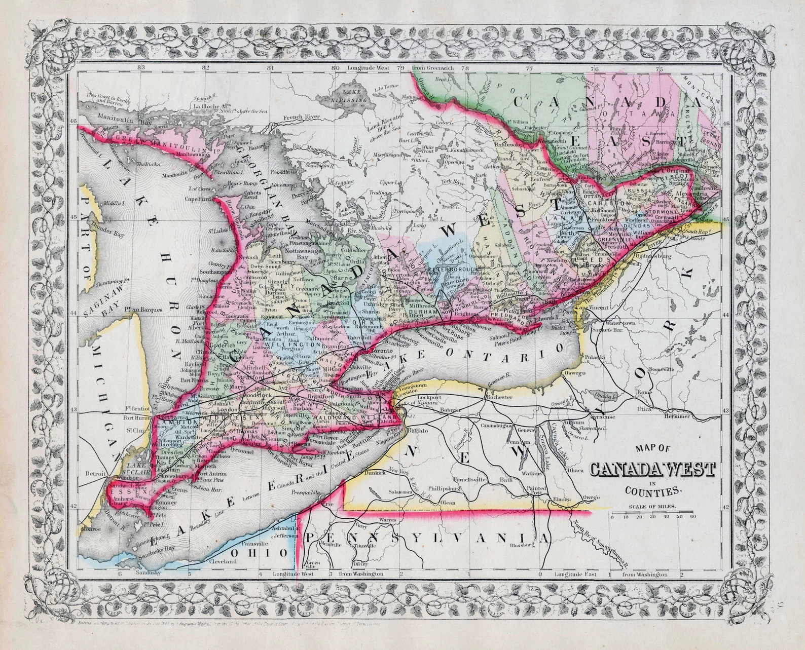 1867 Antique Hand-coloured Mitchell Map of Southern Ontario - Etsy Canada