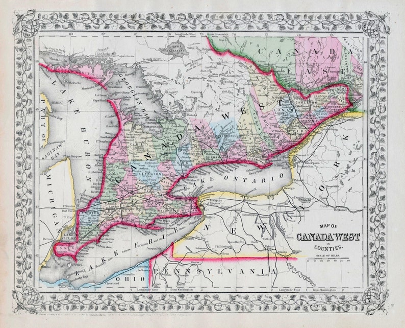 1867 Antique Hand-coloured Mitchell Map of Southern Ontario - Etsy Canada