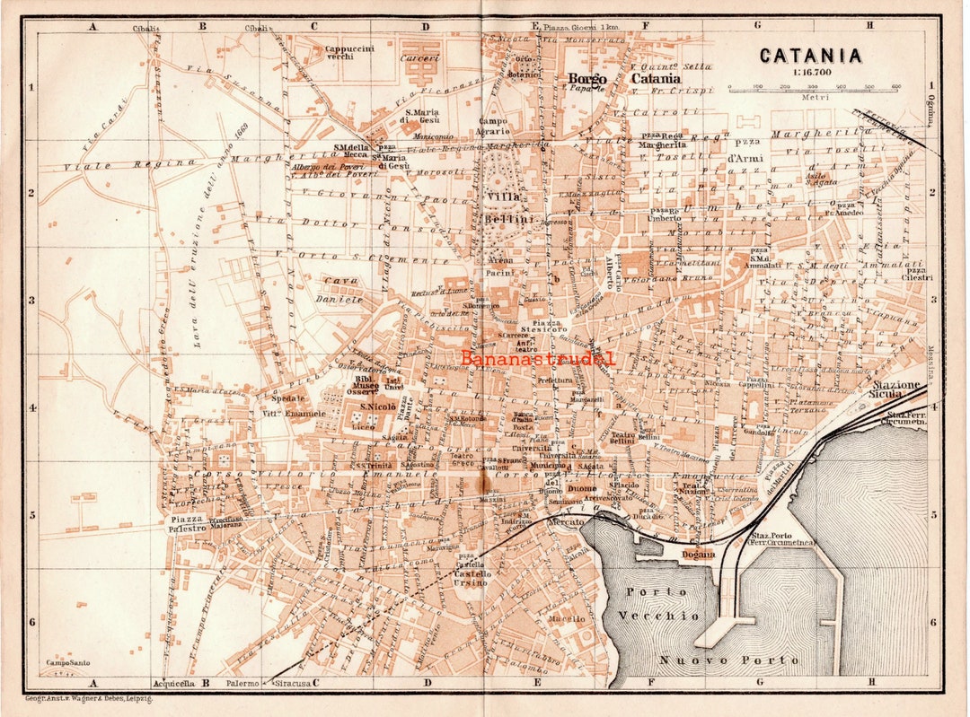 Antique Map of Catania, Italy - Published 1883 - Etsy