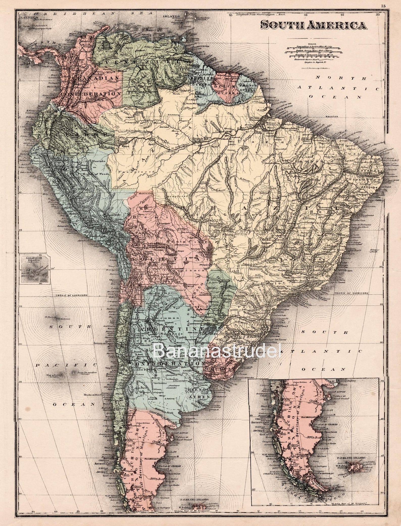1880 Antique Handcolored Map of South America - Brazil - Argentina ...