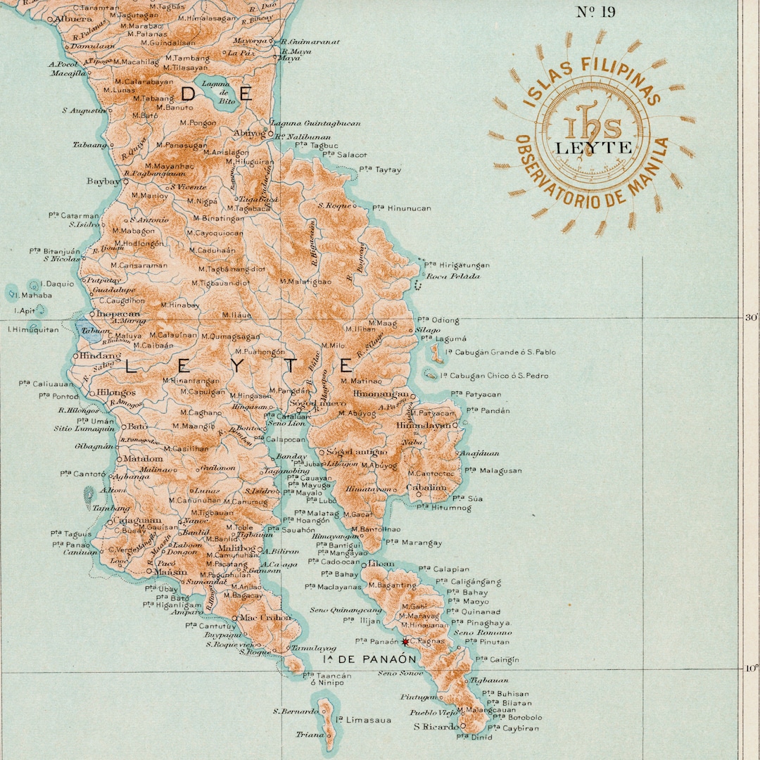 1900 Rare Antique Map of Leyte, Philippines Tacloban Ormoc Camotes ...