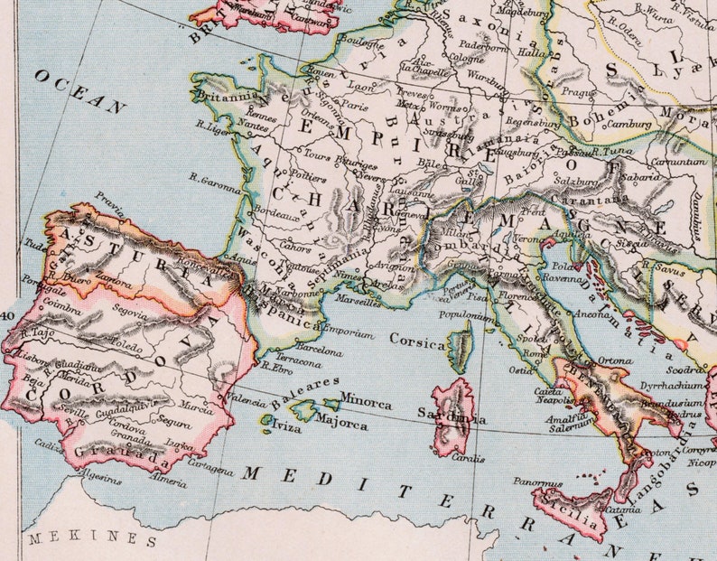 1879 Antique Map of Europe in the Time of Charlemagne - Etsy