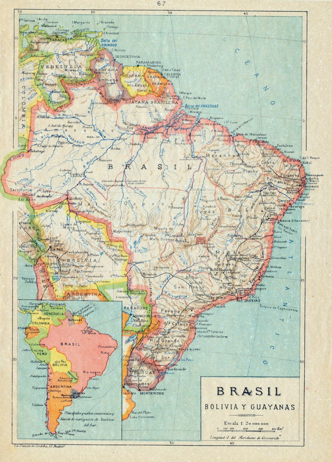 1940 Vintage Map of Brazil Bolivia Guianas Brazil | Etsy