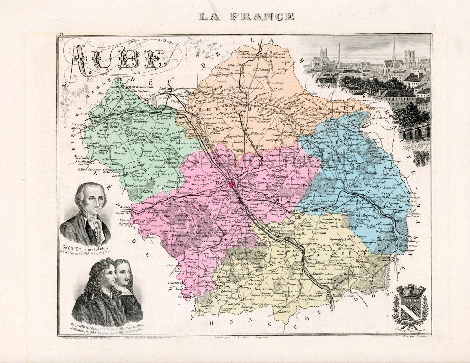 1883 Antique Map of Aube France Hand-coloured Vintage - Etsy UK