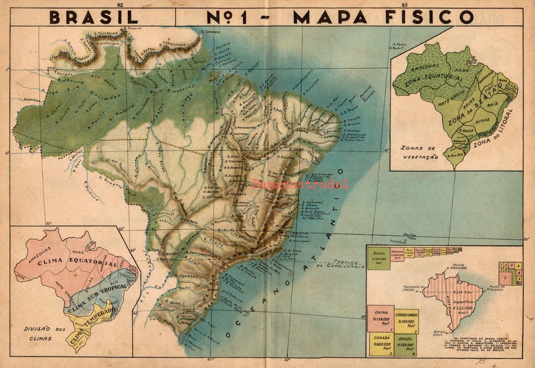 Vintage Map of Brazil - Physical Map - Published 1935 - Etsy