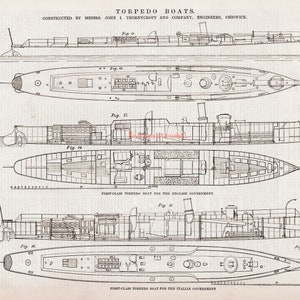 Antique Print of Torpedo Boats - Victorian Technical Illustration ...