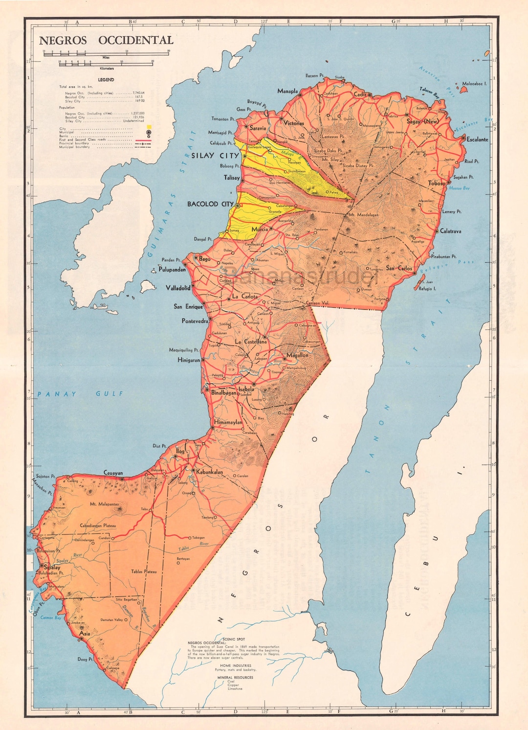 Negros Occidental, Philippines - RARE Large Vintage 1959 Map - Bacolod ...