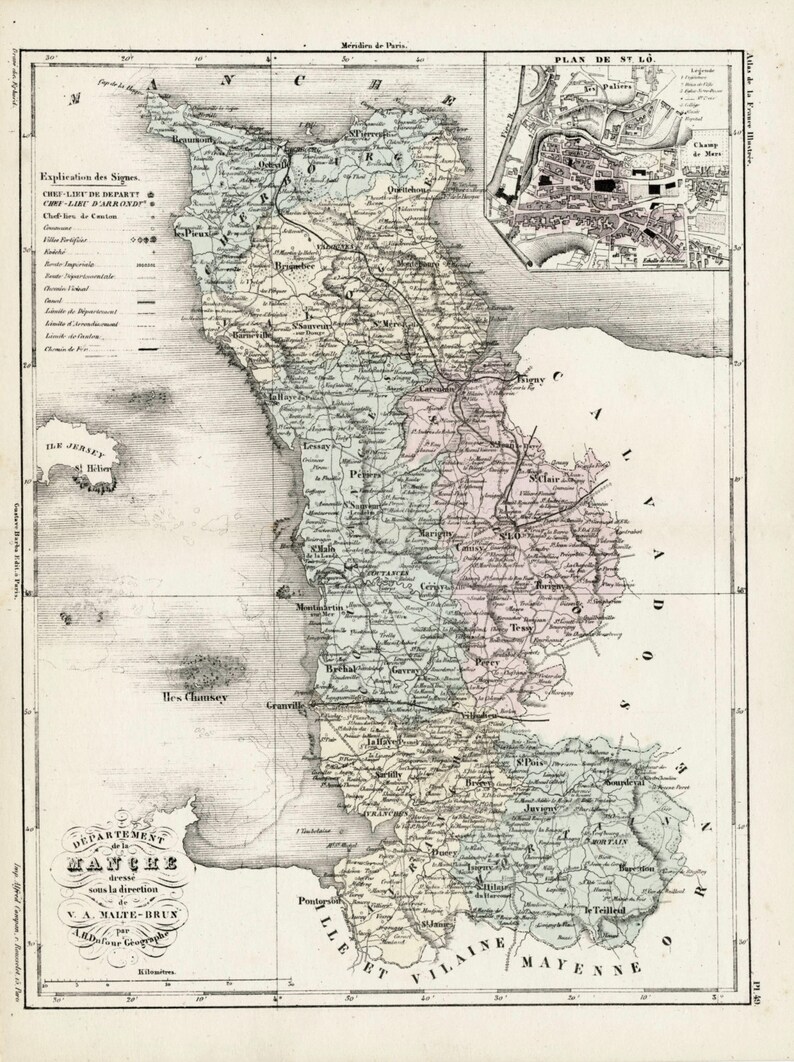 1800s Antique Map of Manche, France - Inset of Saint-lô - French ...