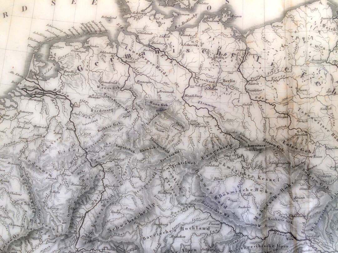 1851 Vintage Map of Central Europe Rivers and Mountains - Antique Map ...