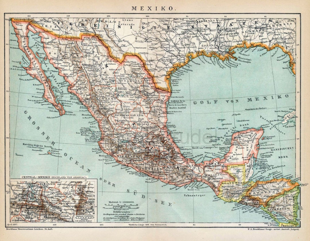 1894 Antique Map of Mexico - Mexico Antique Map - Inset of Anahuac ...