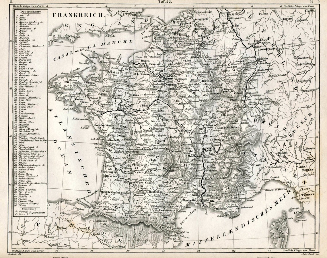 1860 German Vintage Map of France Black and White | Etsy