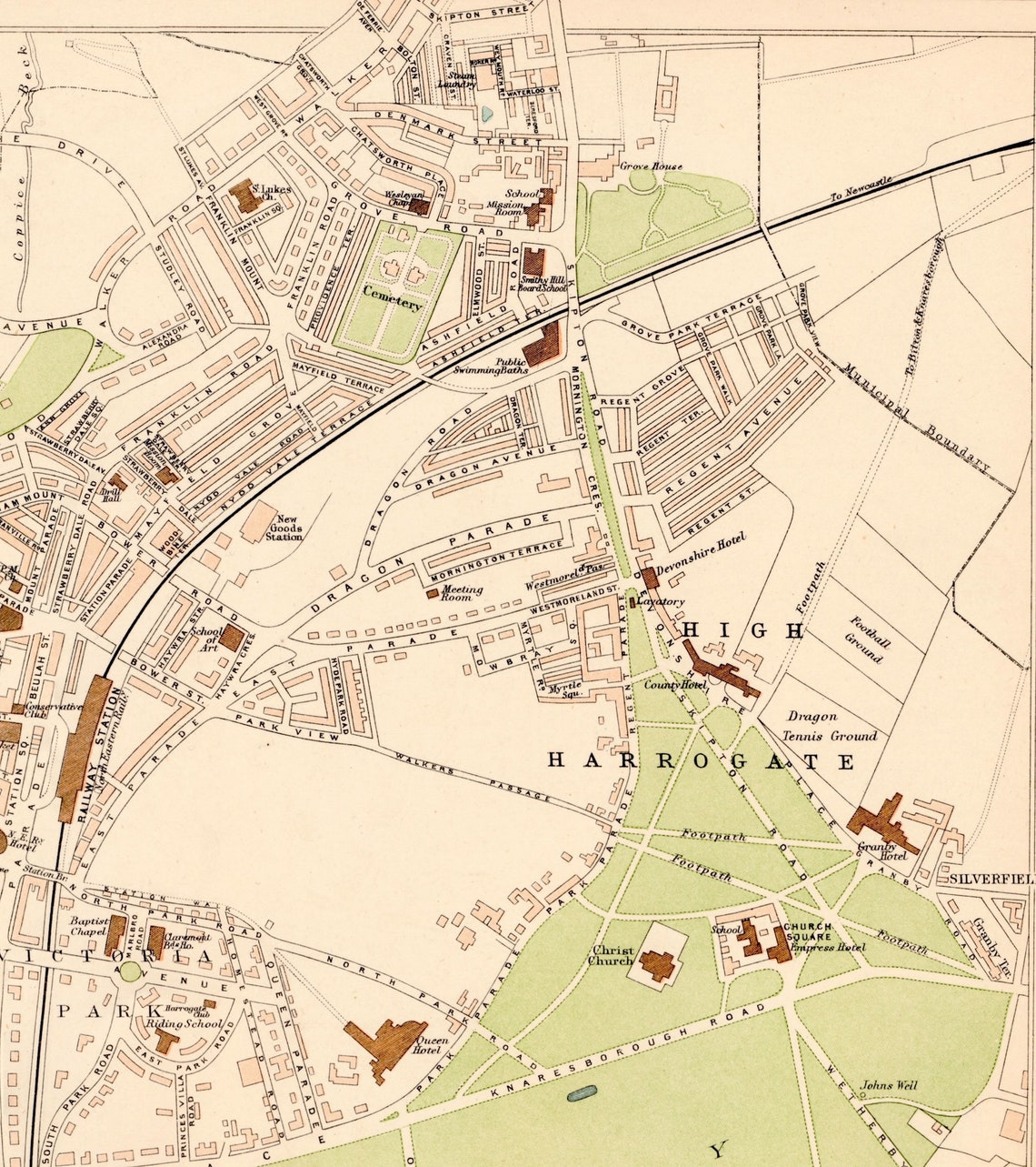 Antique Map of Harrogate, North Yorkshire, UK - 1898 Large Vintage Map ...