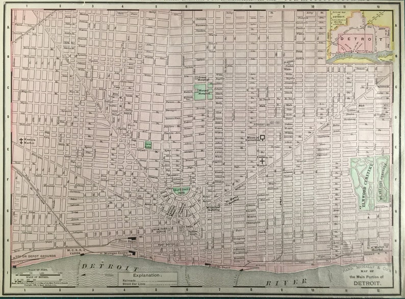 1900 Antique Map of Detroit Main Portion - Etsy