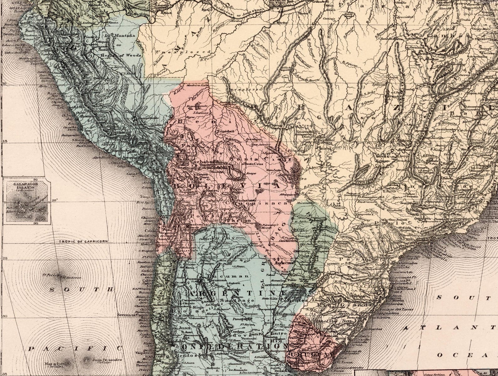 1880 Antique Handcolored Map of South America Brazil Argentina Bolivia ...