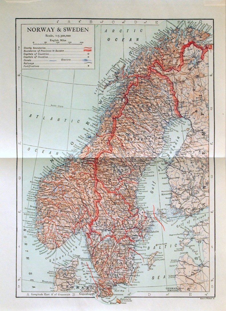 1911 Antique Map of Norway and Sweden - Antique Norway Map - Antique ...