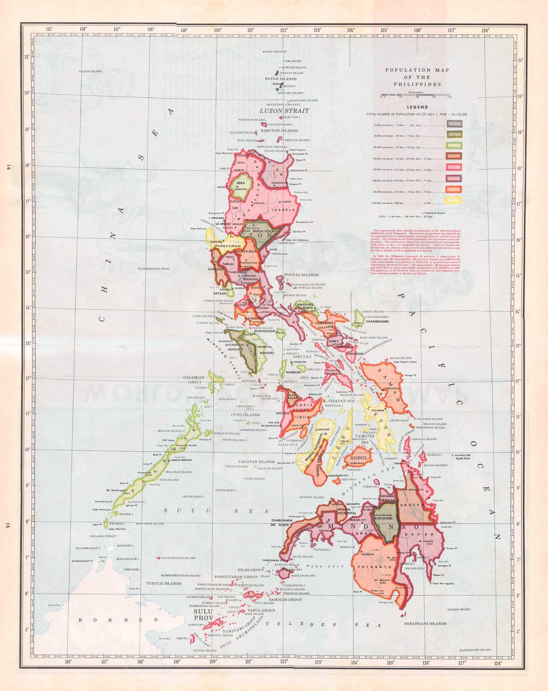 Philippines Population Map - RARE Large Vintage 1959 Map - Etsy