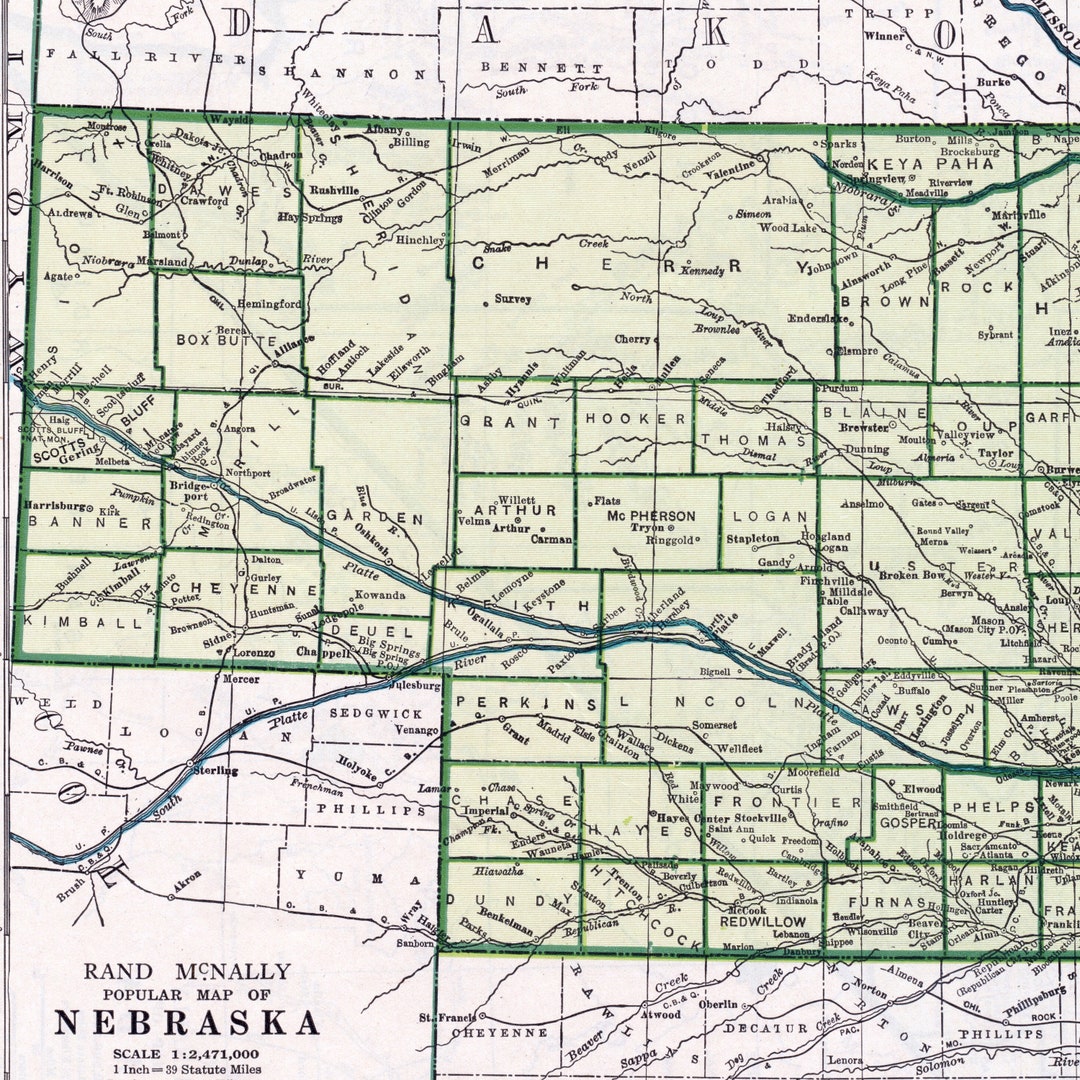 1940s Vintage Map of Nebraska - Blue and Emerald Green Map - Etsy