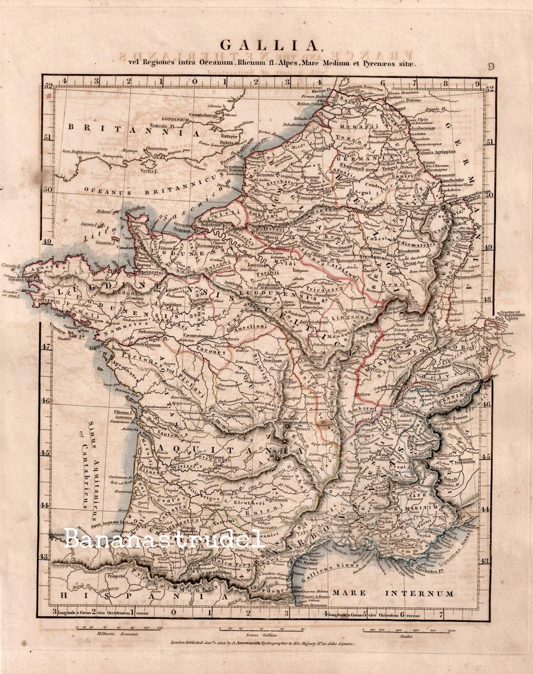 1828 Antique Map of Gaul - Gallia - Hand Coloured Arrowsmith Map - Etsy
