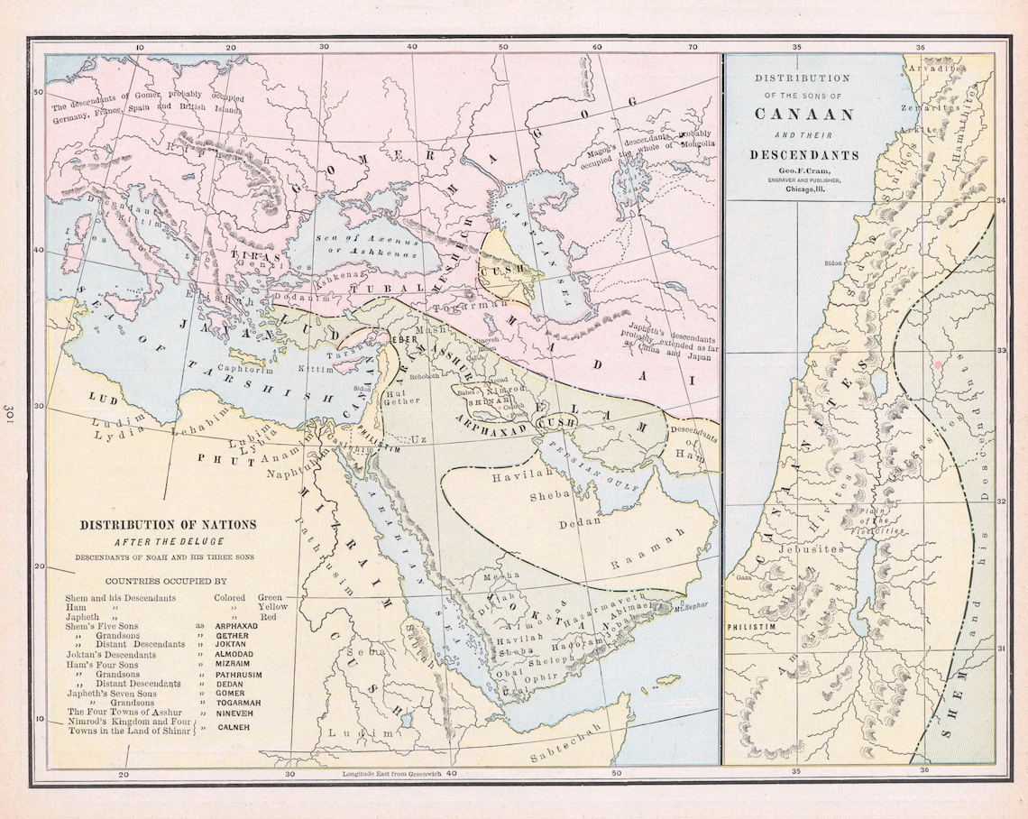 Antique Bible Maps Distribution of Nations After the Deluge - Etsy