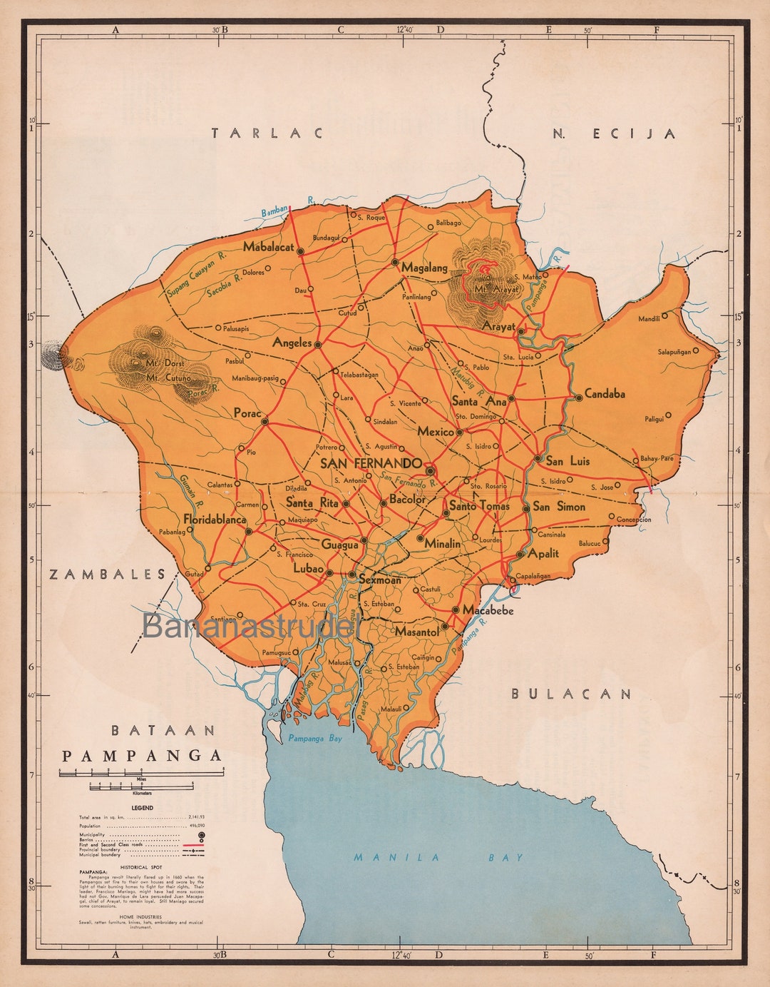1959 Large Rare Vintage Map of Pampanga, the Philippines San Fernando ...