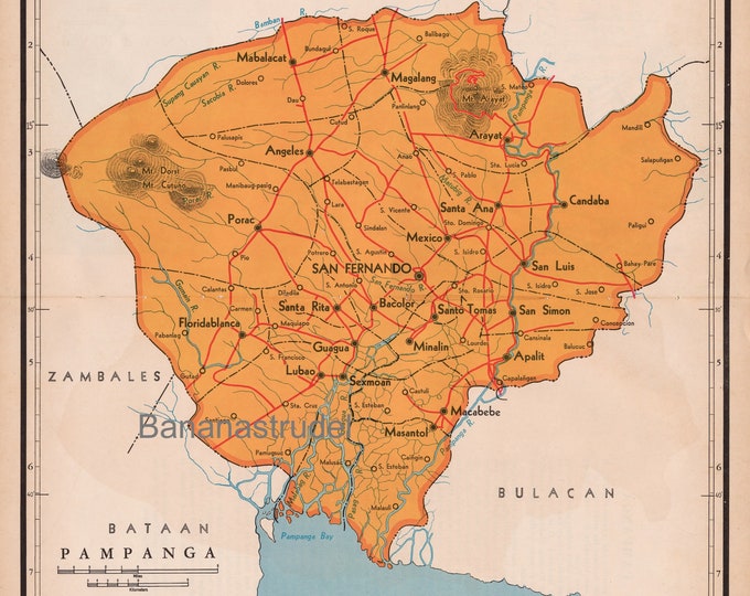 1959 Large Rare Vintage Map of Pampanga, the Philippines - San Fernando ...