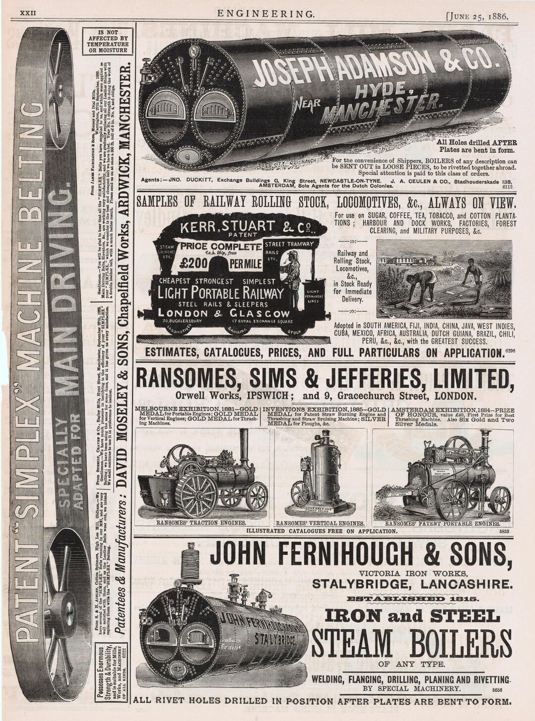 Page of Antique Advertisements for Machine Belting, Steam Boilers, and ...