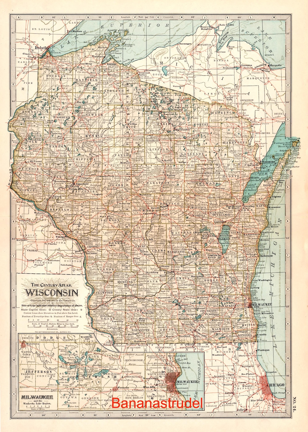 1911 Century Atlas Vintage Map of Wisconsin - Antique Wisconsin Map - Etsy
