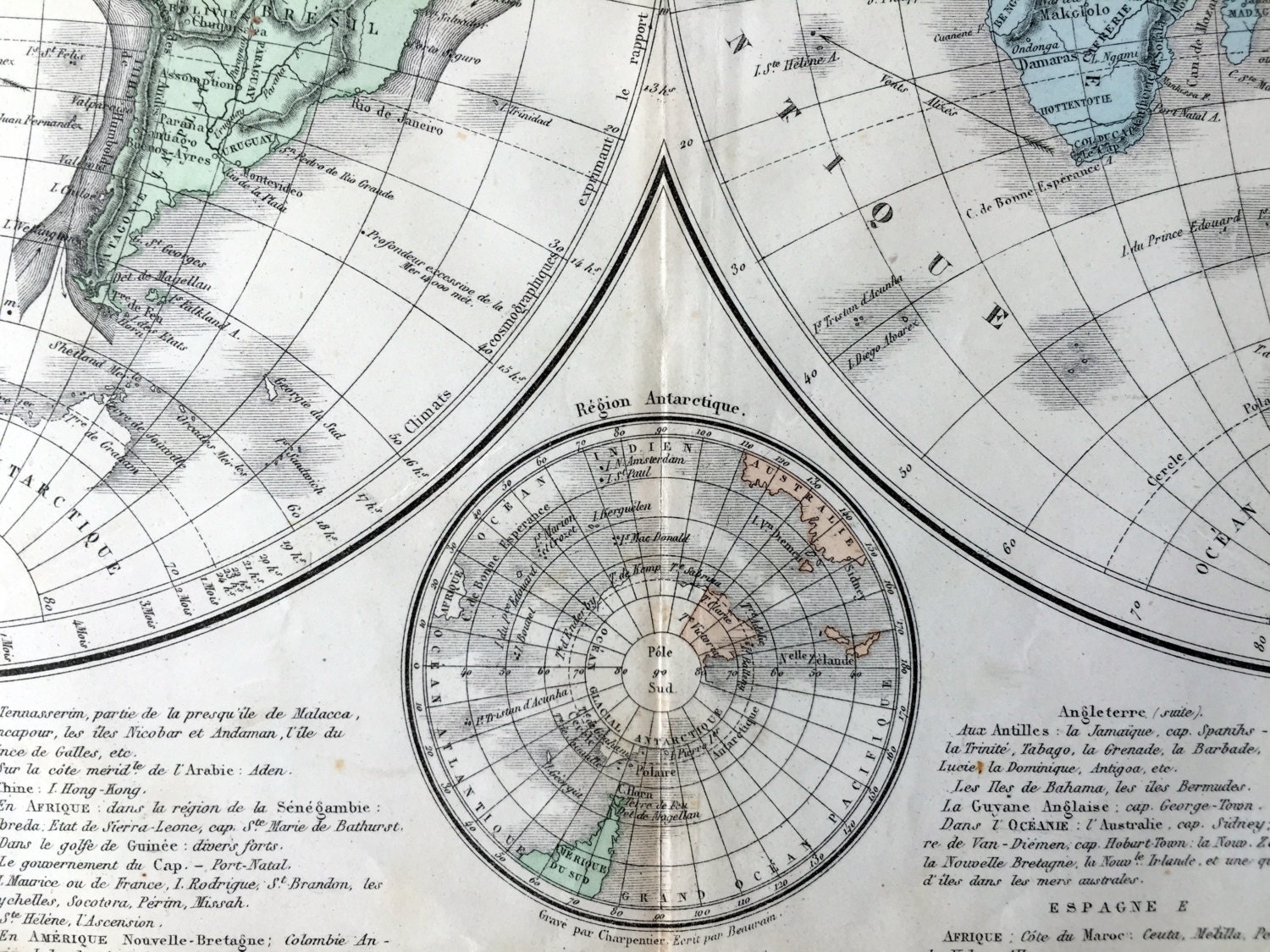 1884 Antique Map of the World in Hemispheres - Antique Hemisphere Map ...