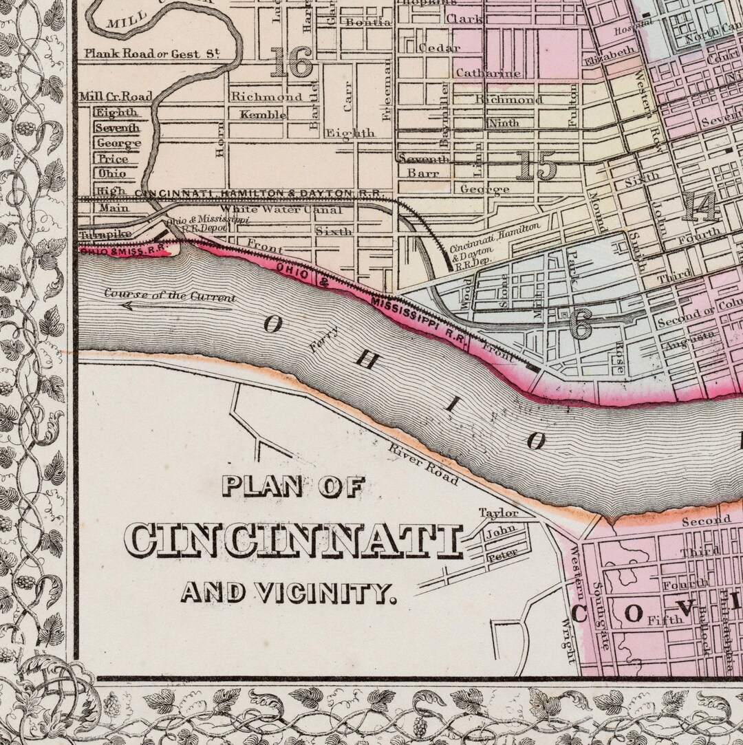 1867 Antique Mitchell City Map of Cincinnati - Rare Hand Coloured Map ...