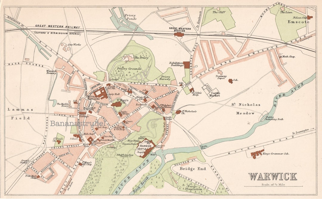 Antique Map of Warwick, UK - 1898 Map - River Avon - Etsy