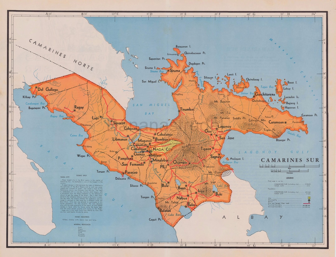 Camarines Sur, Philippines - RARE Large Vintage 1959 Map - Naga City ...