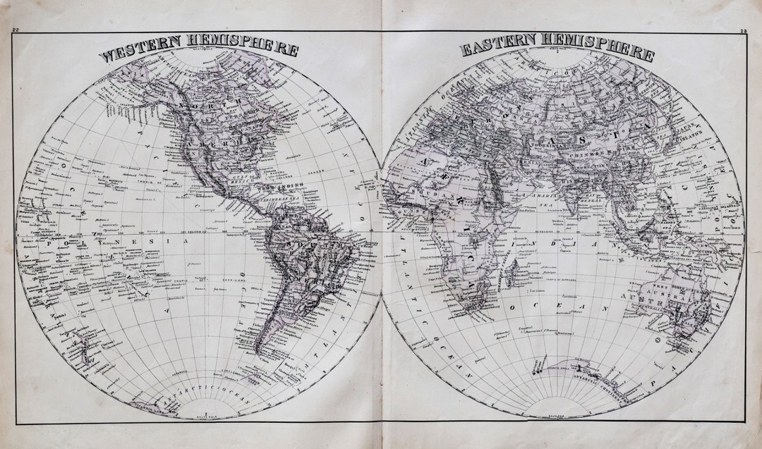 1878 Antique World Map - Hemispheres - LDN - Etsy