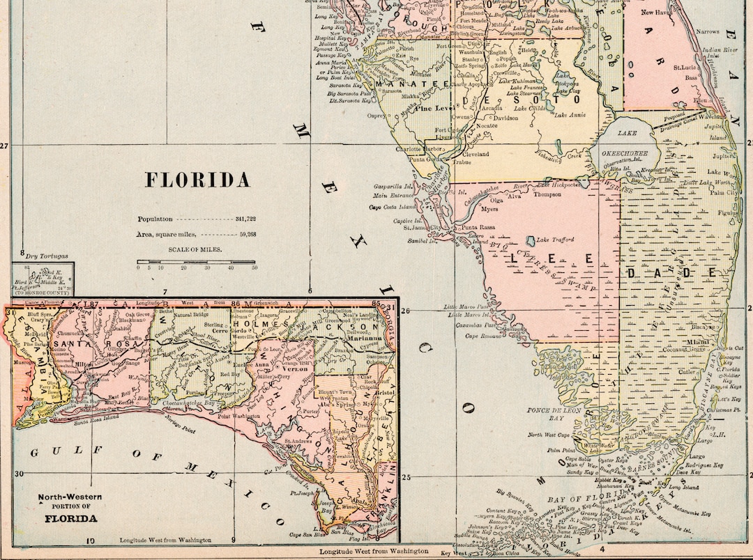 Antique Map of Florida - Published 1888 - Etsy