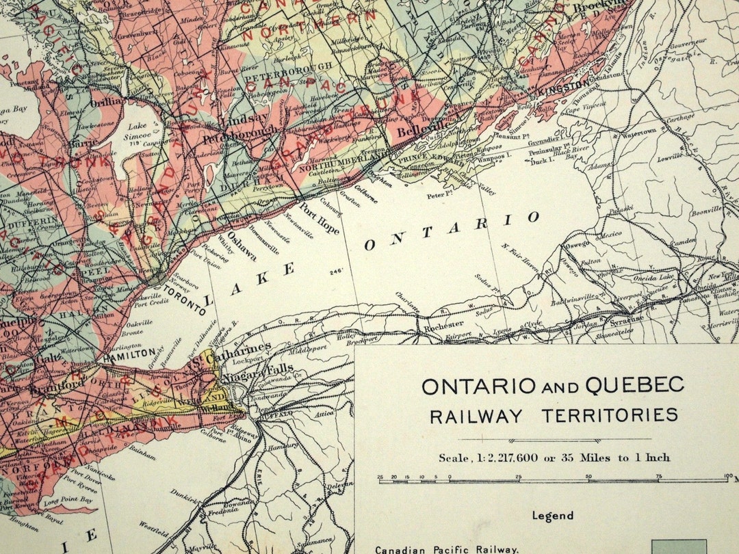 1915 Large Antique Map of Railway Territories in Ontario and Quebec ...