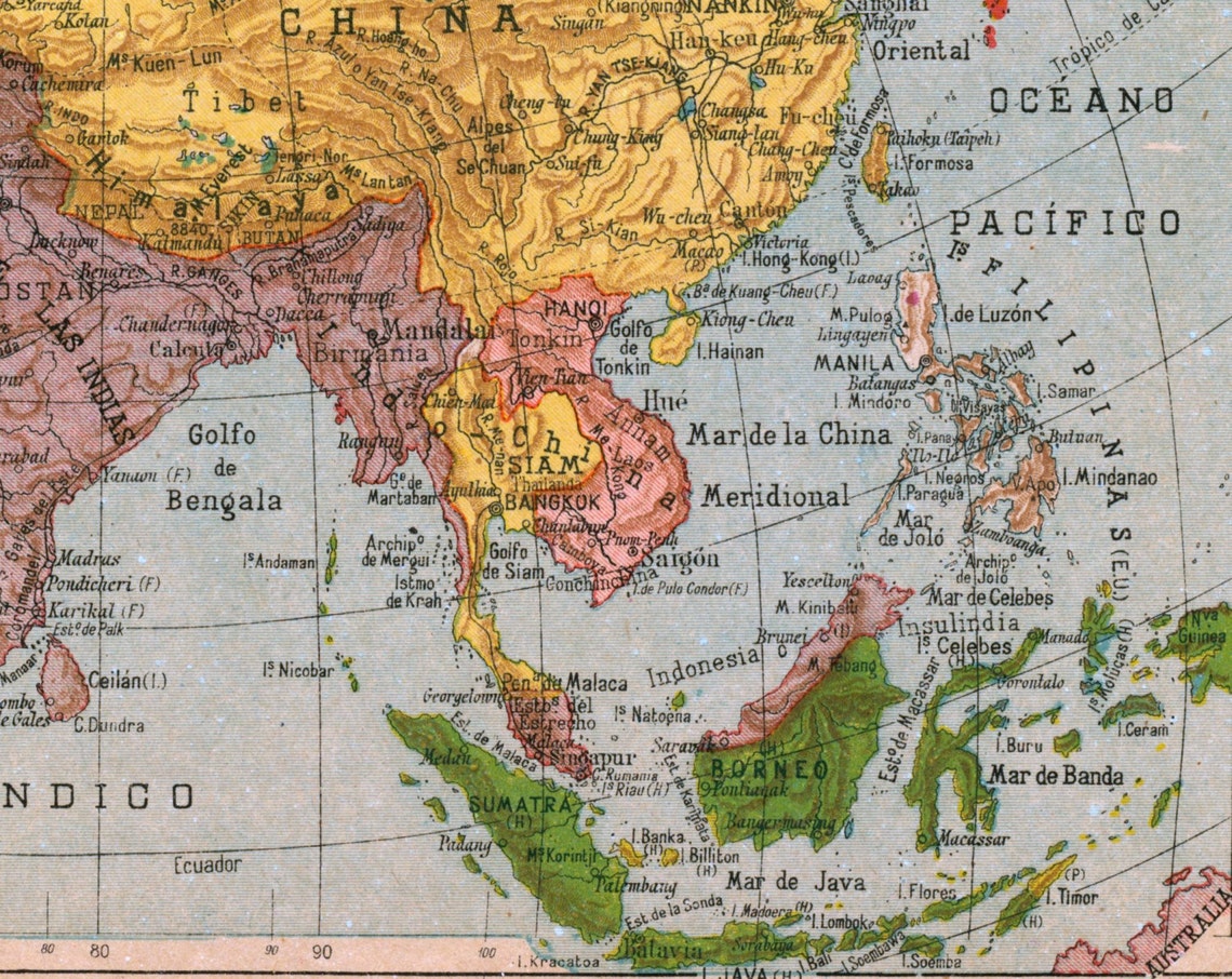 1940 Vintage Map of Asia - Vintage Asia Map - Spanish Map - Etsy