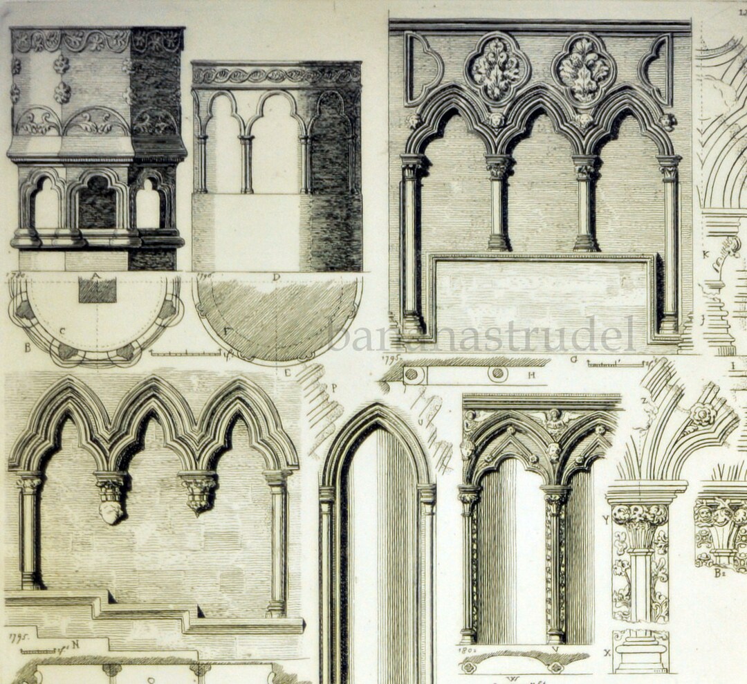 1845 Rare Large English Antique Engraving of British Architectural Gems ...