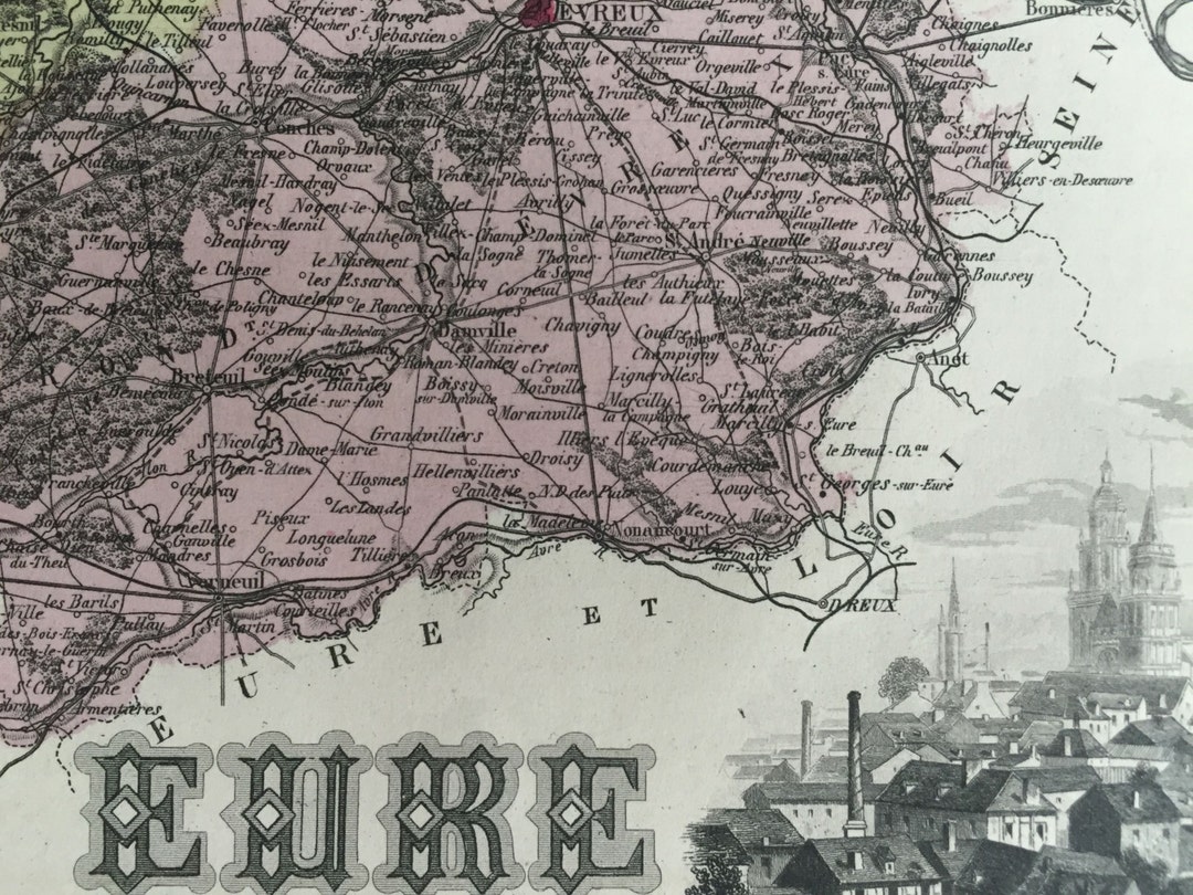 1883 Antique Map of Eure, France - Handcoloured - Vintage Illustrated ...