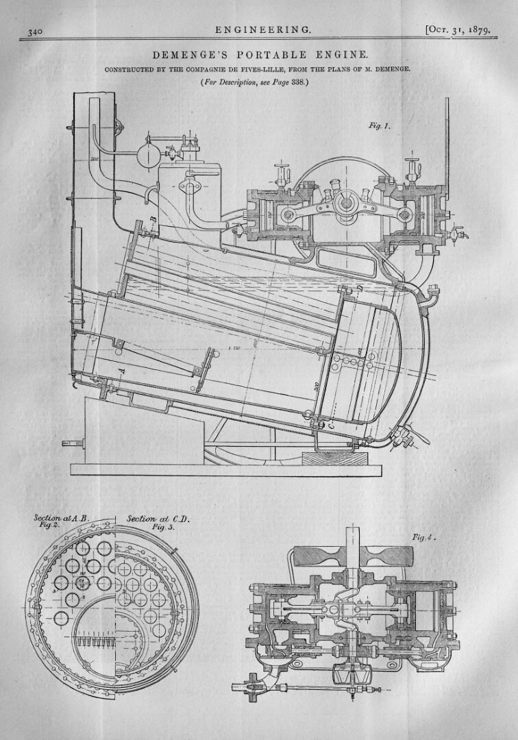 1879 Antique Engineering Drawing of Demenge's Portable Engine - Steam ...