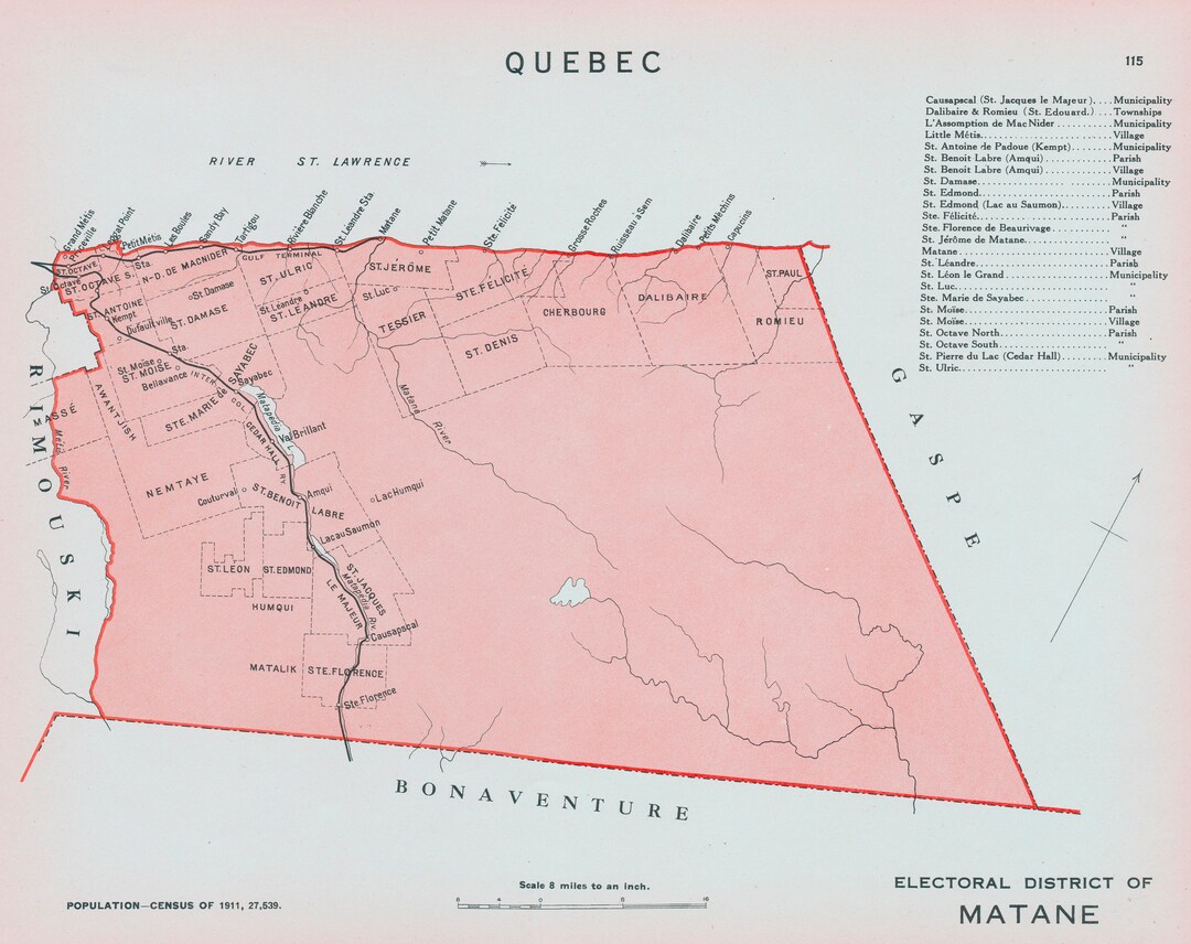 1915 Antique Map of Matane, Quebec, Canada - Vintage Electoral Map - It ...
