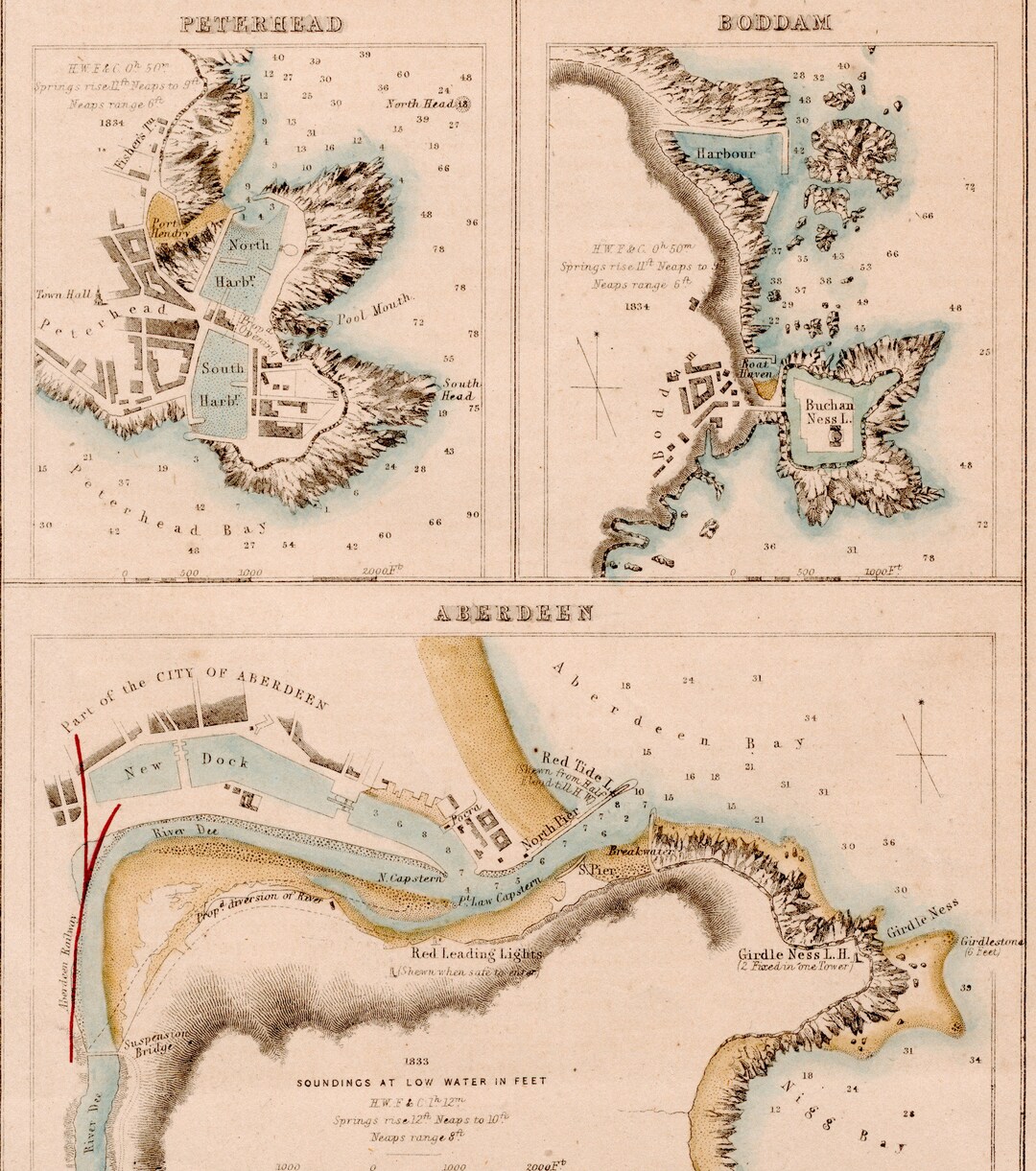 1868 Antique Handcoloured Map of the Port of Aberdeen Boddam Peterhead ...