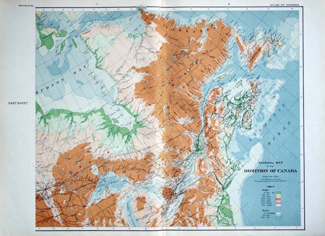 1915 Antique Map of Canada - Physical Map - East Sheet - Ontario ...