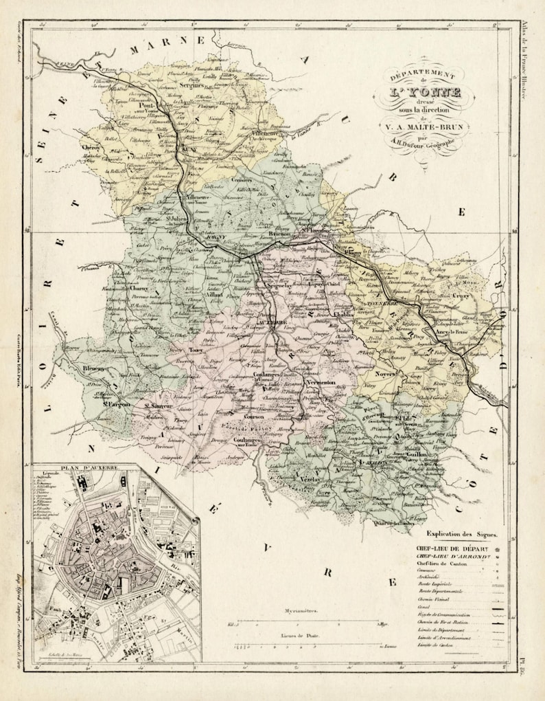 Antique Map of Yonne, France - With Inset of Auxerre - Handcolored ...