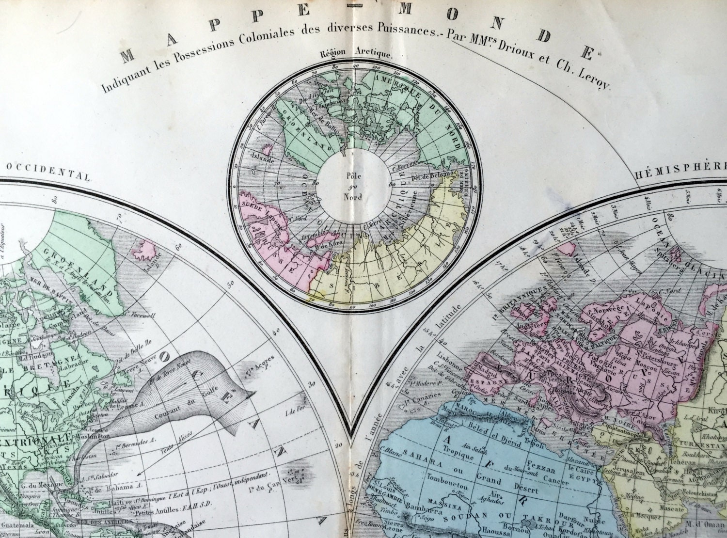 1884 Antique Map of the World in Hemispheres - Antique Hemisphere Map ...