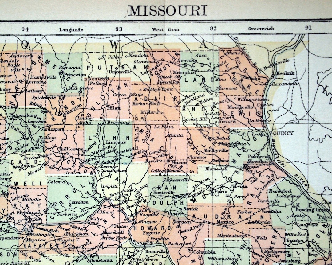 1890s Antique Map of Missouri - Missouri Antique Map - Antique Missouri ...